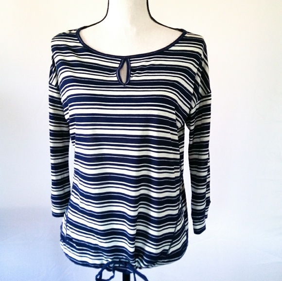 Tops | Talbots Navy Blue Striped Drawstring Top | Poshmark